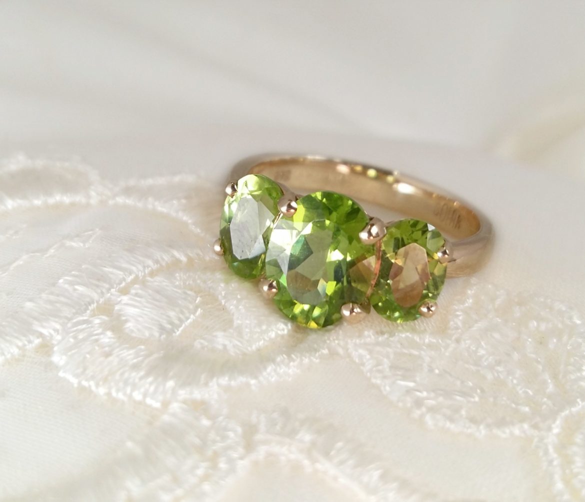 Peridot Three Stone Ring 9ct Gold - DM Jewellery Design