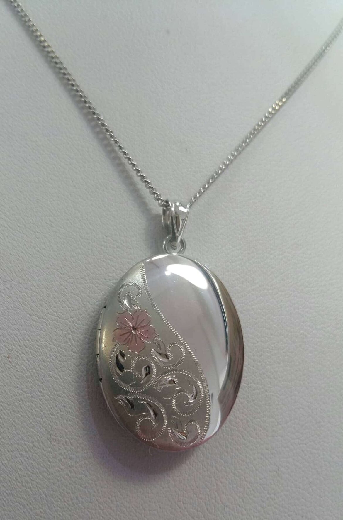 Sterling Silver Locket oval engraved with 45cm chain - D M Jewellery
